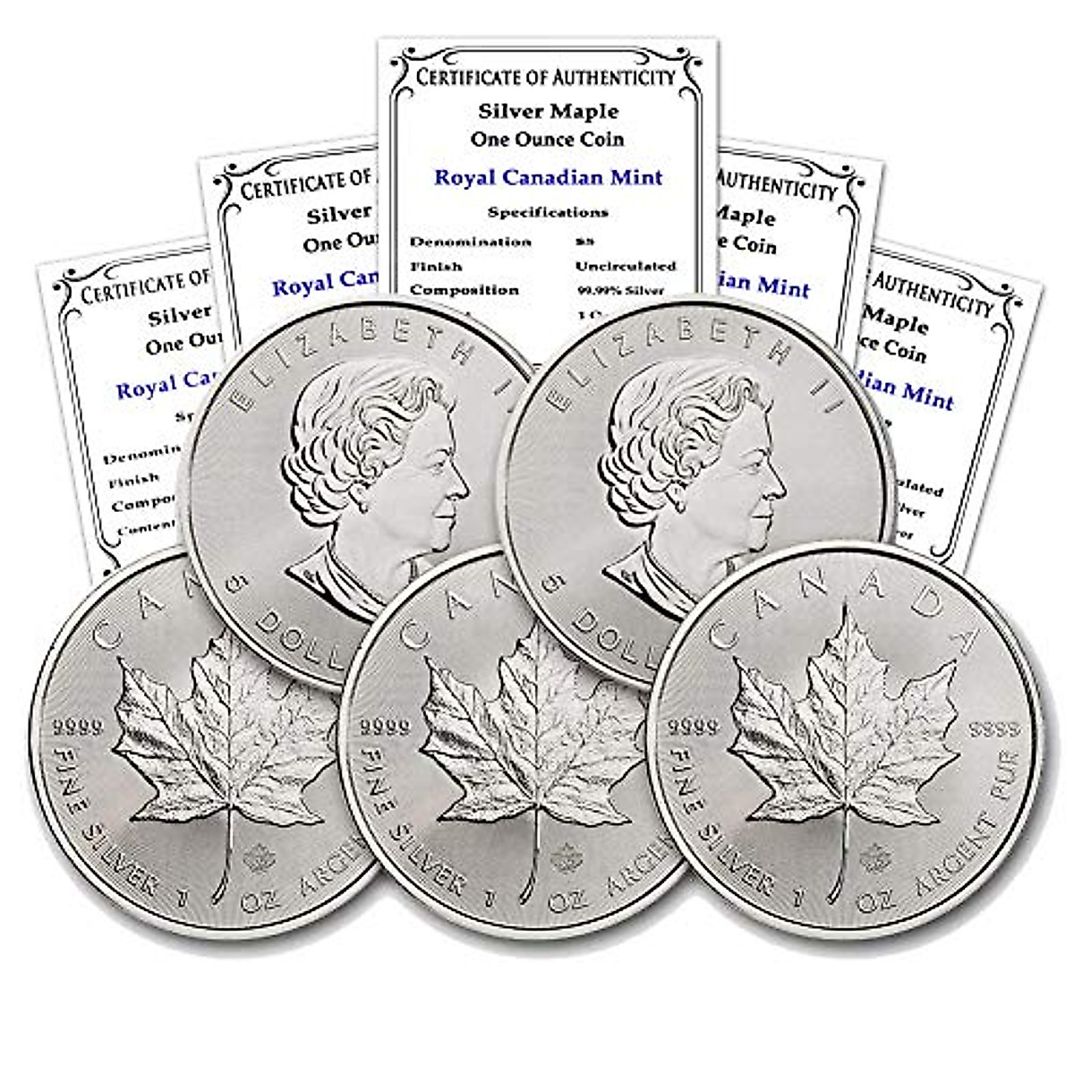 1988 - Present (Random Year) Lot of (5) 1 oz Silver Maple Leaf Brilliant Uncirculated