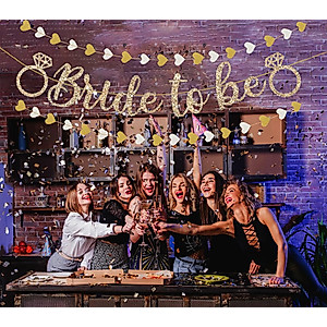 Pre-Strung Bride to Be Banner,Gold Glitter Banner Sign with 2PCS Heart Streamers Garland for Bachelorette Party Decorations, Bridal Shower Wedding Engagement Hen Party Decorations Supplies