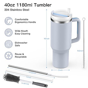 Bailkind 40oz 1180ml Tumbler With Straw and Lid X2, Spill-Proof Double Wall Stainless Steel Vacuum Insulated Cup Travel Flask Mug With Handle for Water, Iced/Hot Tea or Coffee