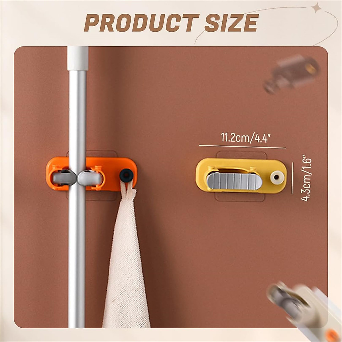 NEIMENG 2024 New Self Adhesive Mop Holder Broom Holder No Drill Wall Mounted Mop and Broom Holder with Hook Hanger for Mop Broom Tool Brush Towel Storage (2pcs),Beige