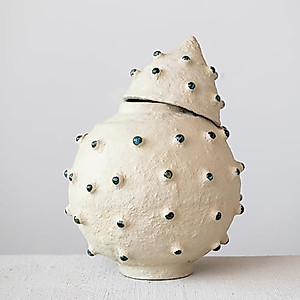 Creative Co-Op Organically Shaped Paper Mache Container with Lid and Marble Dot Design, Ivory Décor