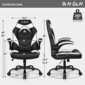 N-GEN Video Gaming Computer Chair Ergonomic Desk Office Chair for Adults with Lumbar Support Flip-Up Arms Adjustable Height Swivel Wheels PU Leather Executive Design for Home and Office (White)