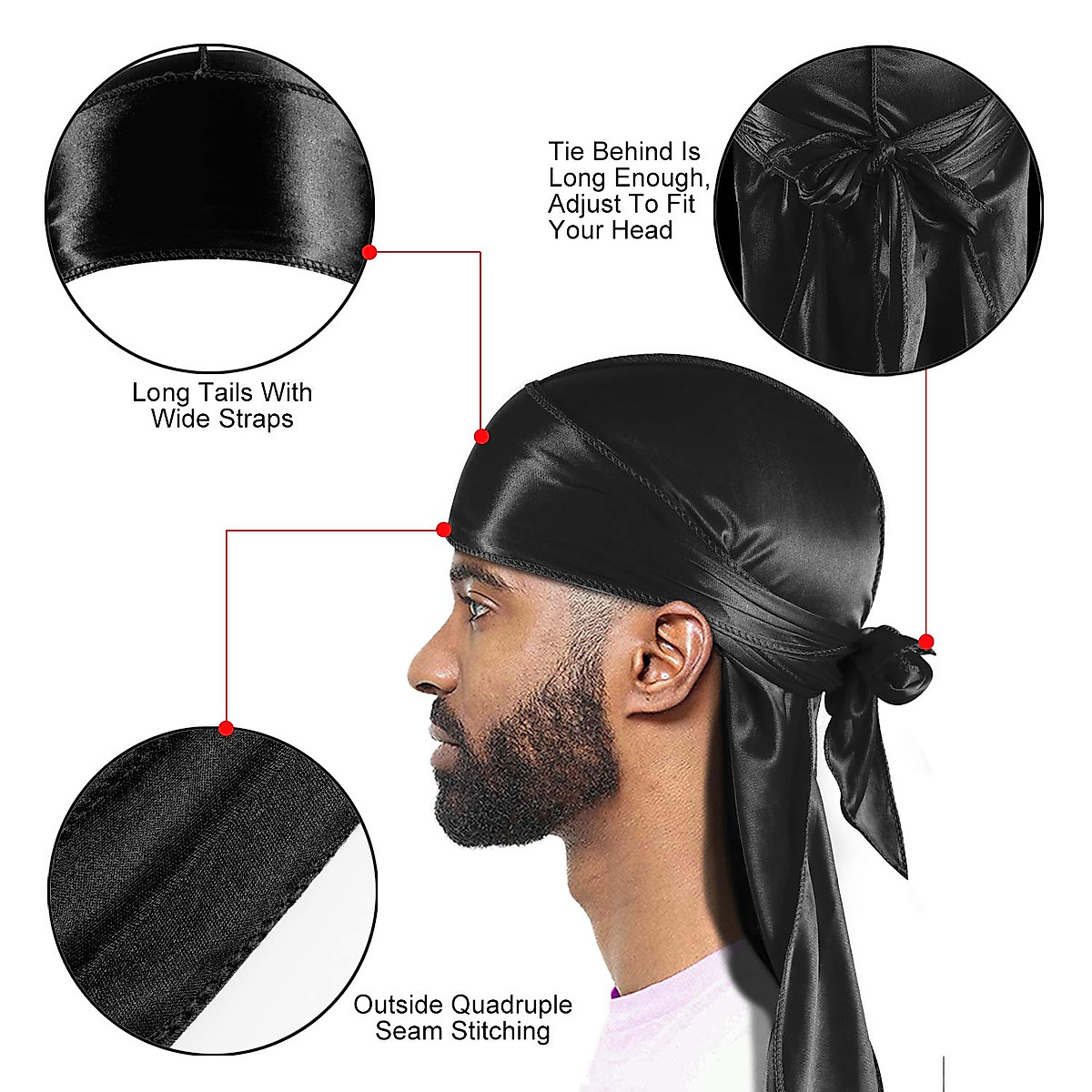 3PCS Silky Durags Pack for Men Waves, Satin Doo Rag, Award 1 Wave Cap,G