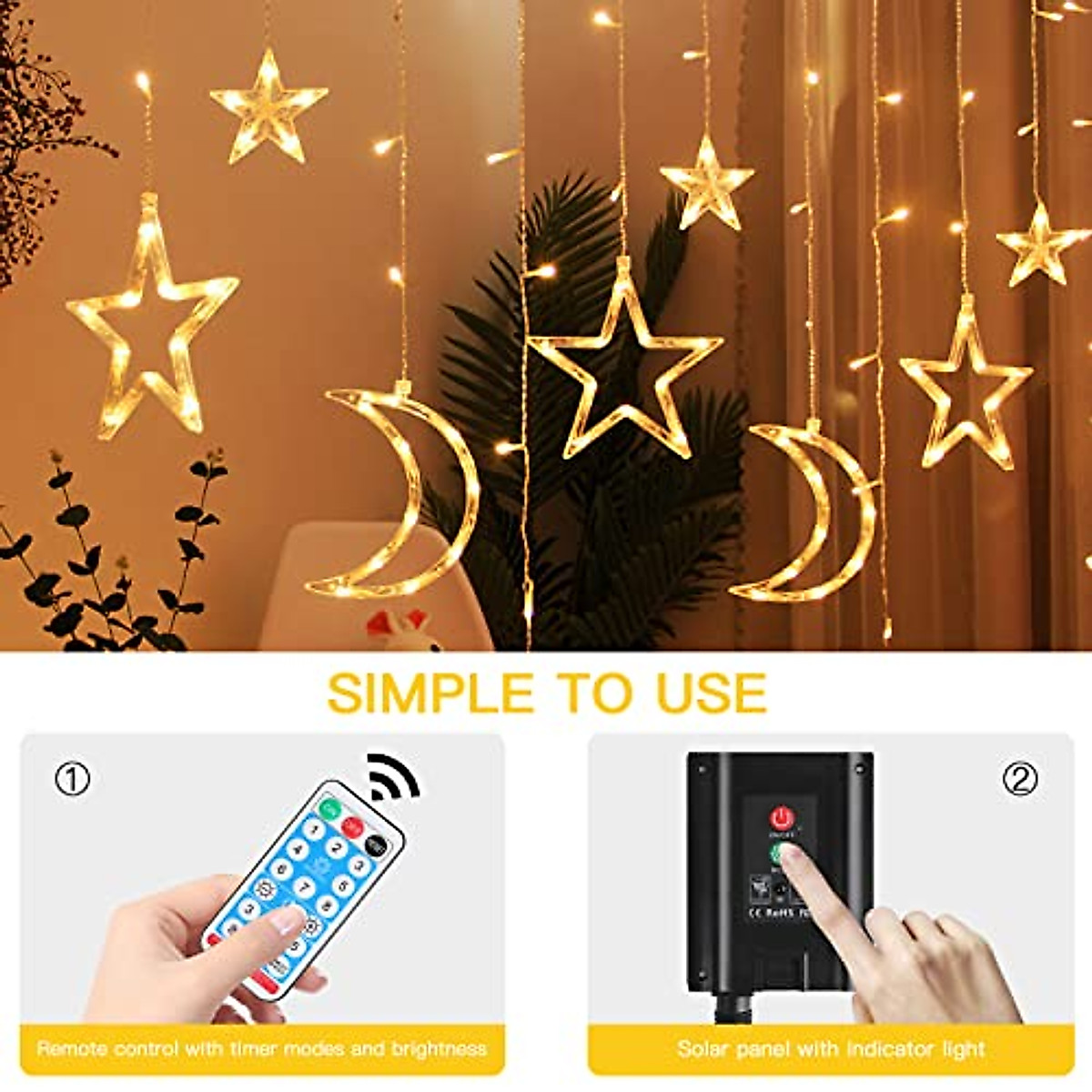Techip Solar Lights Outdoor Moons Stars Lights 138LED Solar Powered String Lights Outside Waterproof Patio Lights Decor for Ramadan Porch Window Backyard Tent Garden,Warm White Lights with Remote