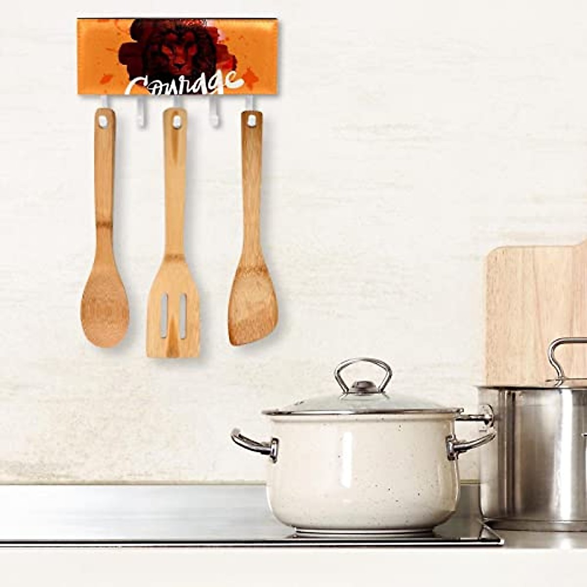 Lion Mail Holder Organizer and Key Hooks PU Front, Self Adhesive Key Rack with 5 Hooks Perfect for Entryway, Hallway，Bathroom ，Kitchen