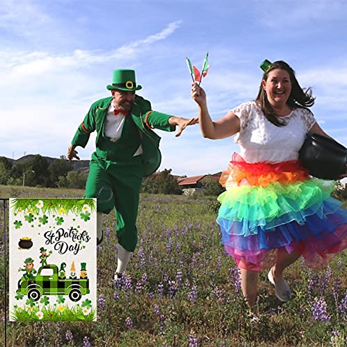 St Patrick's Day Garden Flags, 12.5 x 18 Inch Gnomes Green Buffalo Plaid Truck Garden Flag Vertical Double Sized Spring Holiday Burlap Flag for House Yard Outdoor Decor