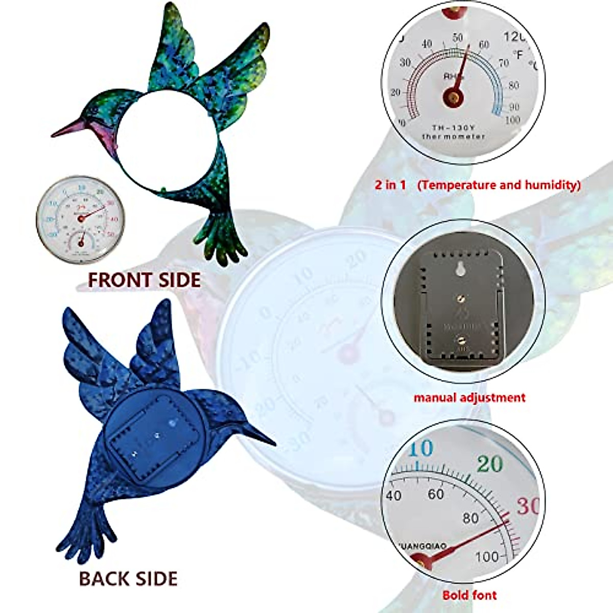 FESTYLES Outdoor Thermometer for Patio Room Humidity Thermometer 11Inch Indoor Large Numbers Waterproof Hummingbird Not Require Battery