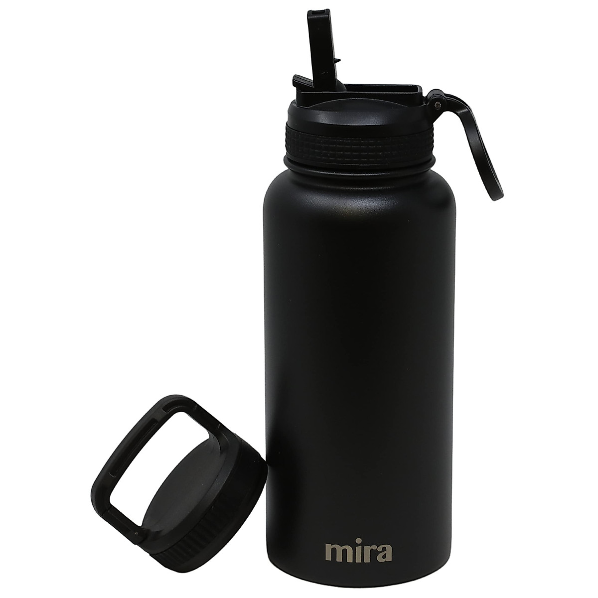 MIRA Water Bottle with Straw and Handle Lid Vacuum Insulated Stainless Steel Metal Thermos Bottle - Reusable Leak Proof Keep Cold Sports Flask - 32 oz, 2 Lids, Black