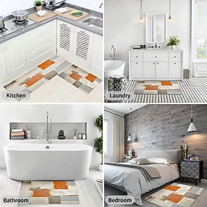 Orange Kitchen Rugs and Mats Set of 2, Orange Brown Beige Non-Skid Soft Absorbent Kitchen Mats Set for Floor, Modern Art Comfort Runner Rug Carpets for Sink, Laundry, Hallway, Dinning Room, Office