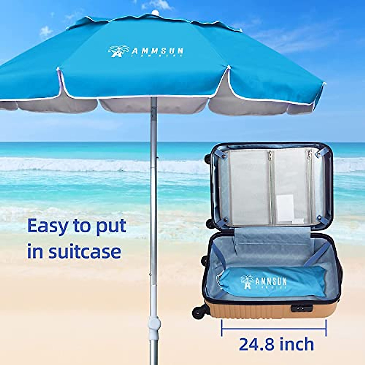 AMMSUN 6ft Folded PortableTravel Beach Umbrella with Sand Anchor, Tilt and Air vent UPF 50+UV Protection fit in suitcase Portable Compact Foldable beach umbrella for Patio Garden Beach Pool Backyard Sky blue