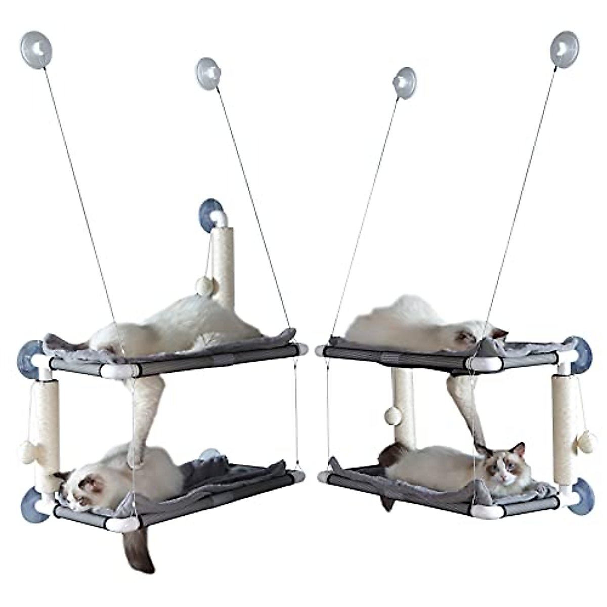 HOZOE Cat Window Perch, A Large Double-Layer Cat Hammock That Can Accommodate Multiple Cats at The Same Time, with Two Scratching Posts, Indoor Cat Ledge and Cat Bed Frame, Which Can Bear 50 Pounds…