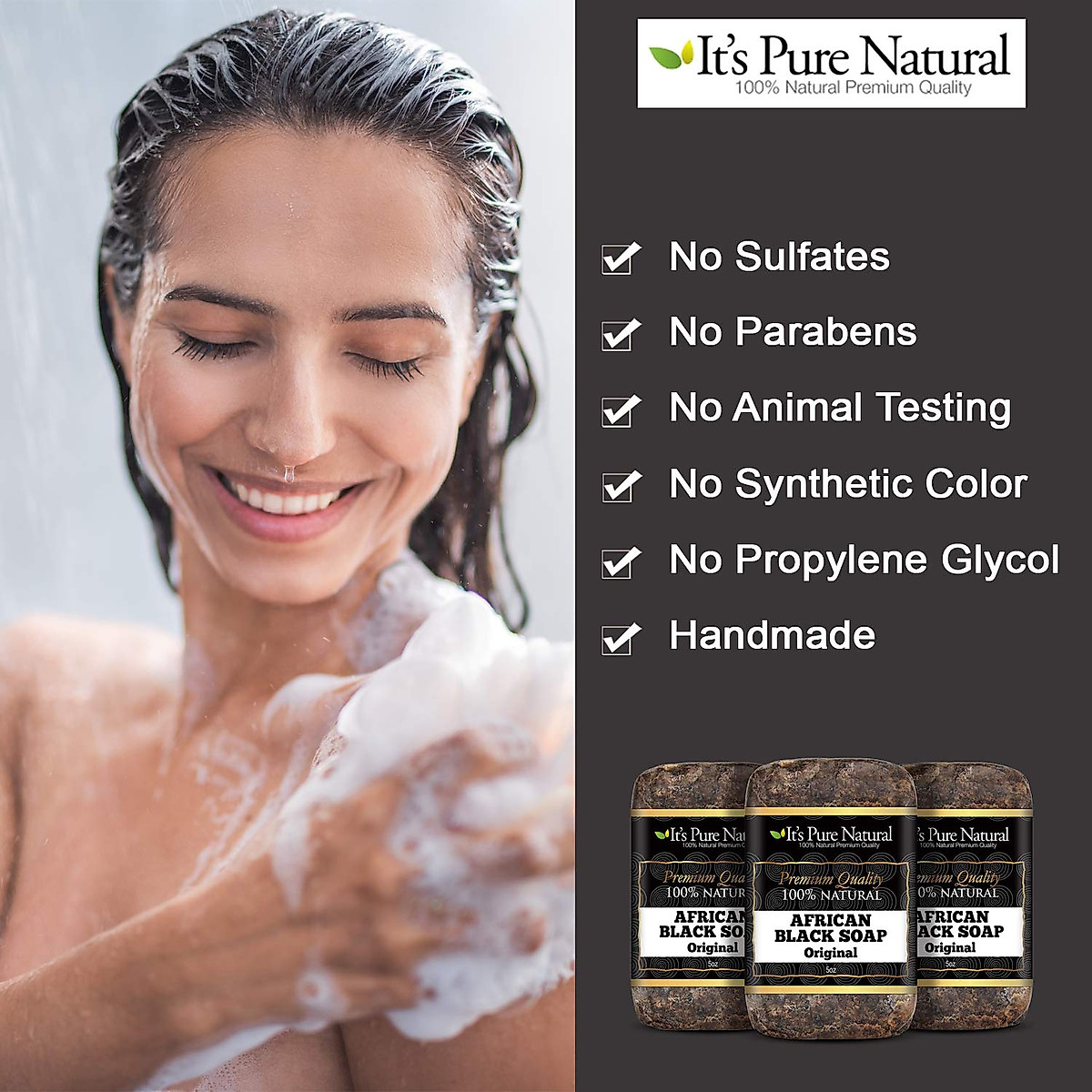 It's Pure Natural African Black Soap Bars Original (Pack of 3) Organic Raw Soap for Face & Body, Acne Treatment & Dark Spot Remover [Made in Ghana]