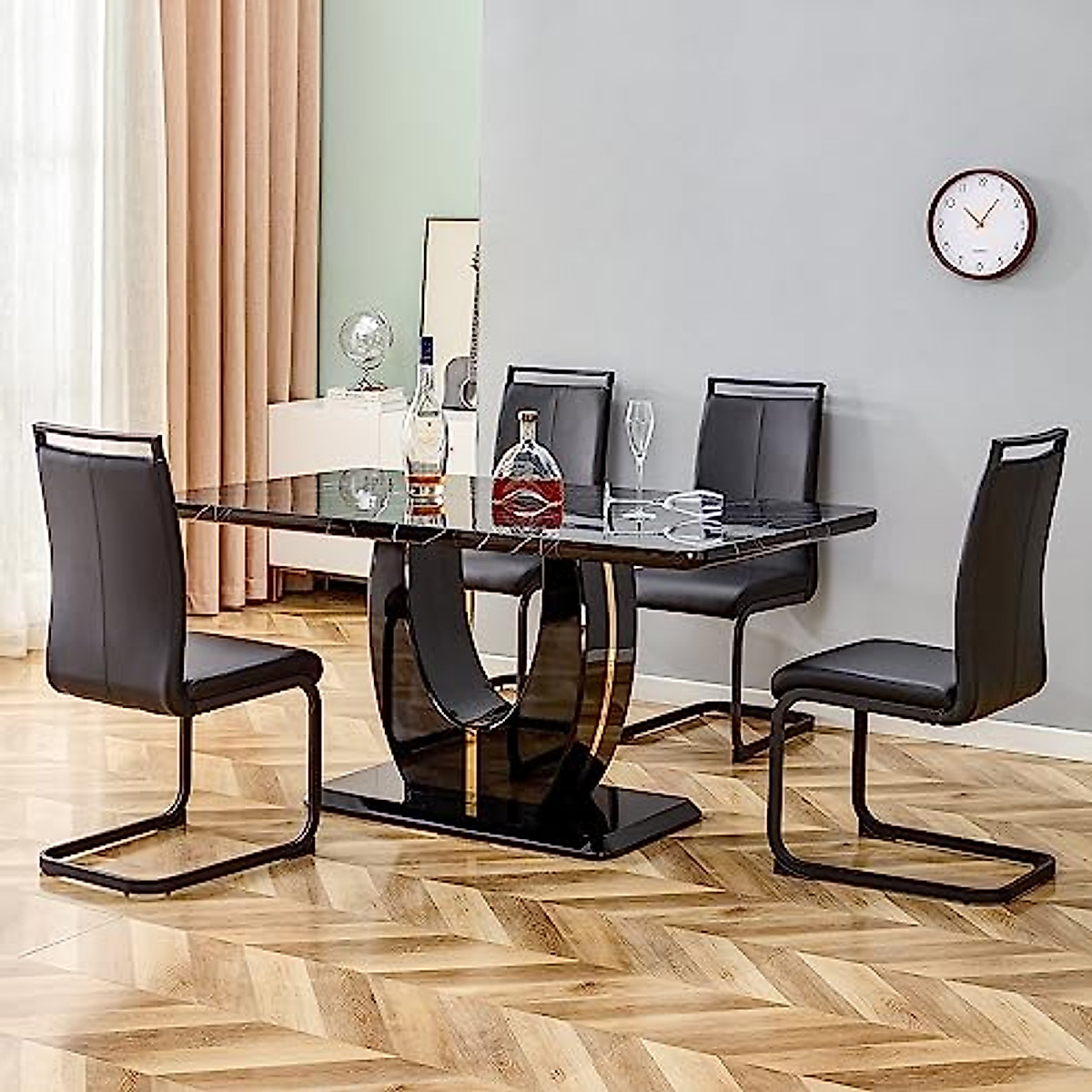 Pvillez 63" Marble Dining Table Set for 4, Modern 5 Piece Kitchen Table and Chairs, Black Faux Marble Dining Table with U-Shaped Pedestal Base & 4 C-Shaped PU Leather Upholstered Dining Chairs