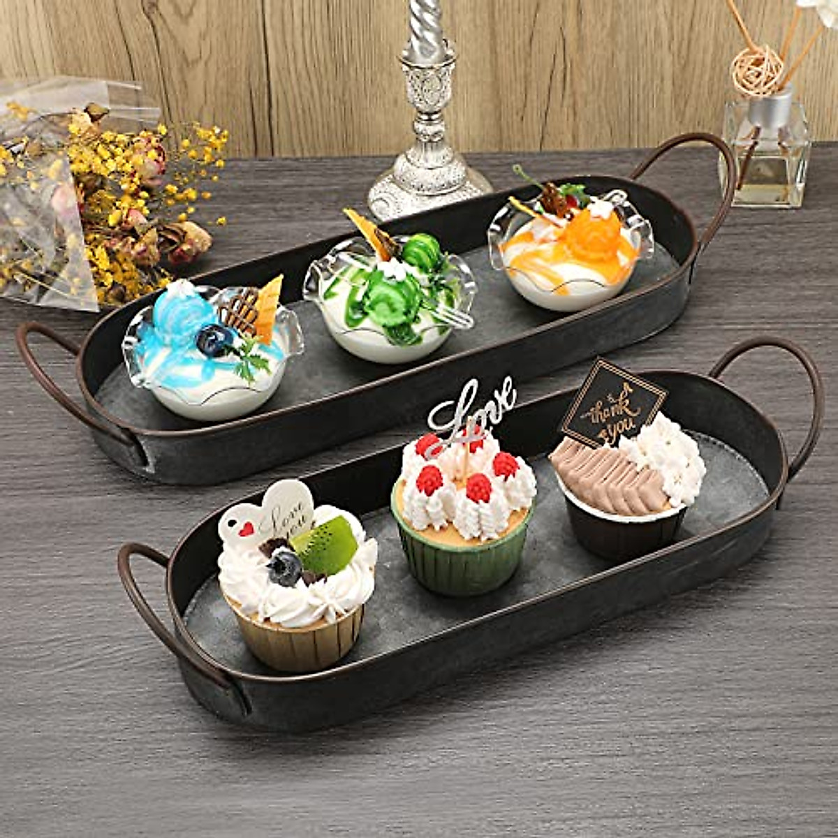 Hipiwe Set of 2 Galvanized Metal Iron Tray with Handles Oval Farmhouse Serving Tray Rustic Industrial Decorative Tray Centerpiece Tray for Coffee Table Weddings Home Decor