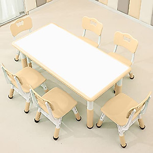 monleelnom Children's Table and Chair Set Suitable for Boys and Girls Age 2-12 Height Adjustable Table top Can be Painted with 6 Seats Suitable for Family Learning Daily use (Wood Color)