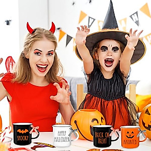 Whaline 6Pcs Halloween Mini Mugs with Plaid Ribbon Pumpkin Bat Mini Coffee Mug Halloween Party Cups for Table Centerpieces Tiered Tray Decor Gifts