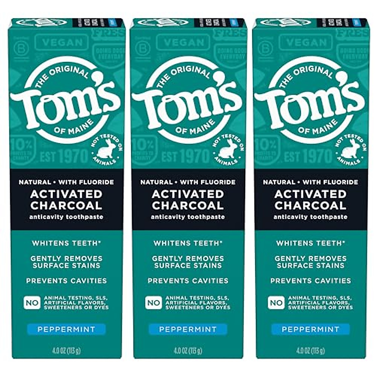 Tom's of Maine Activated Charcoal Whitening Toothpaste with Fluoride, Peppermint, 4.7 oz. 3-Pack (Packaging May Vary)