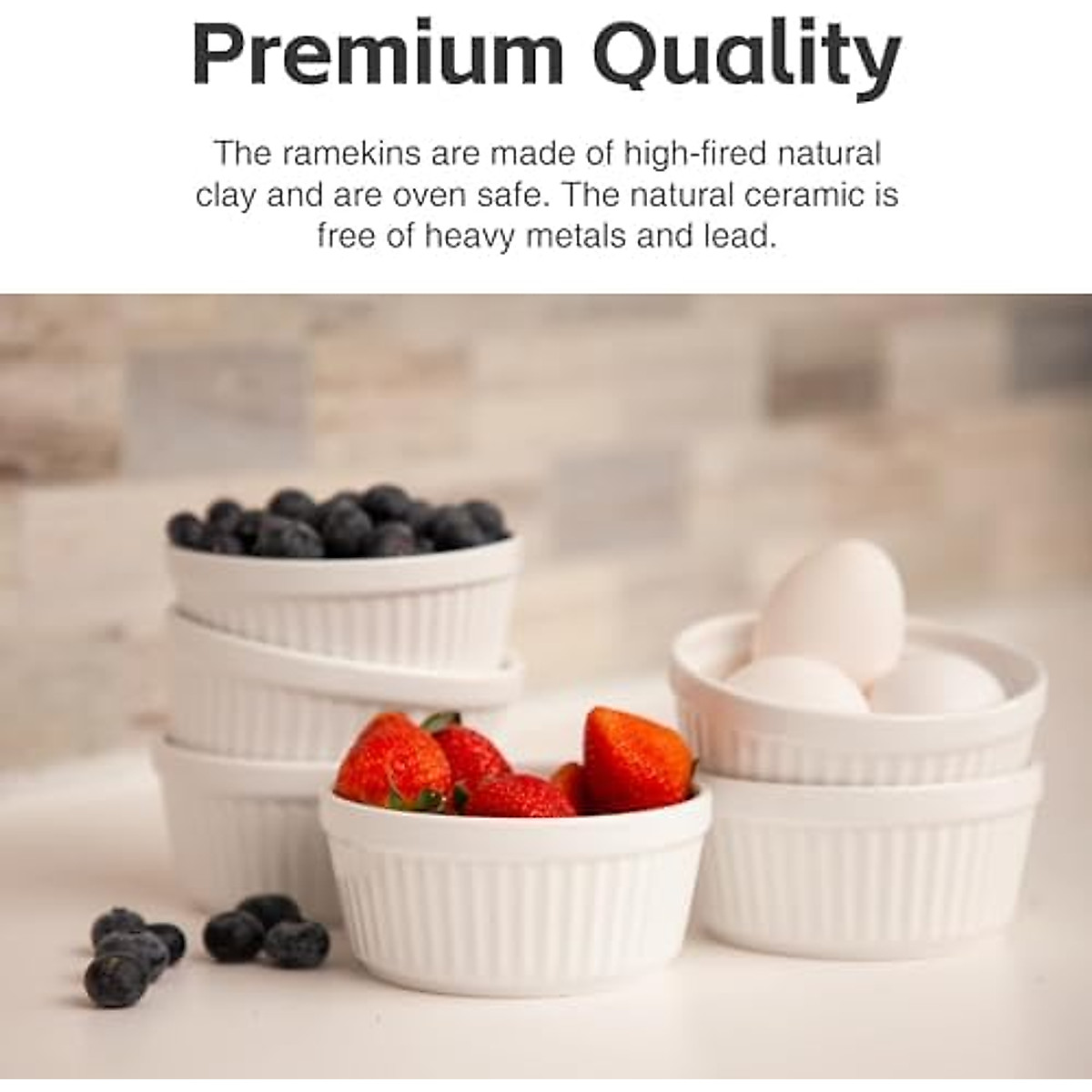 Nuwave Ceramic Ramekins 8 oz, Set of 6, Elegant Classic Style for Baking Souffles, Creme Brulées, Custards, Puddings, 4.3” Wide & 2” Tall, Microwave, Oven & Dishwasher-Safe, Ivory White