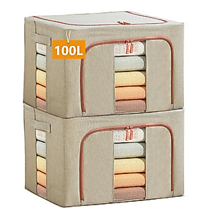 100L Large Storage Bags,Linen Stackable Clothes Storage Bins with Hold Shape Metal Frame,2 Opening Ways Fabric Visible Lidded Foldable Closet Organizers for Seasonal Clothing,Bedding (4, 100L)