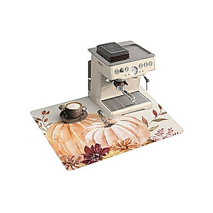 Thanksgiving Pink Orange Pumpkin Coffee Mat Coffee Maker Mat,Super Absorbent Coffee Bar Accessories,Watercolor Flower Leaves on Linen Non-slip Coffee Station Mat Dish Drying Pad,18x28in