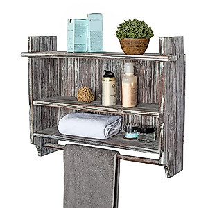 MyGift Torched Wood Wall Mounted 3 Tier Bathroom Shelf Storage Display Rack with 23-Inch Towel Bar