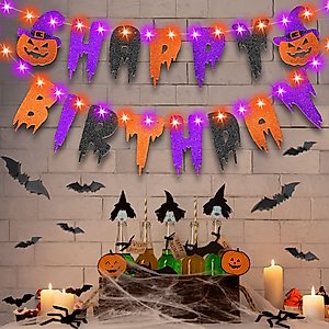 St Patrick's Day Happy Birthday Banner with Green Light, Glitter Irish Shamrock Hat LED Decorations, 8 Modes 10 Feet String Light Party Supplies(Pumpkin)