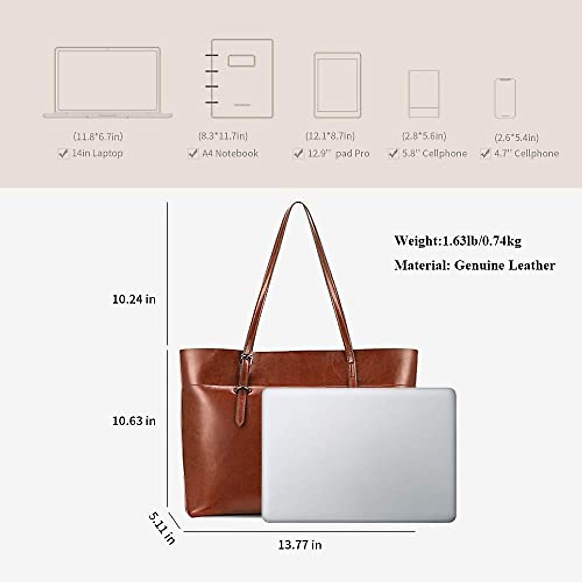 Kattee Vintage Genuine Leather Tote Shoulder Bag for Women Satchel Handbag with Top Handles (Brown)