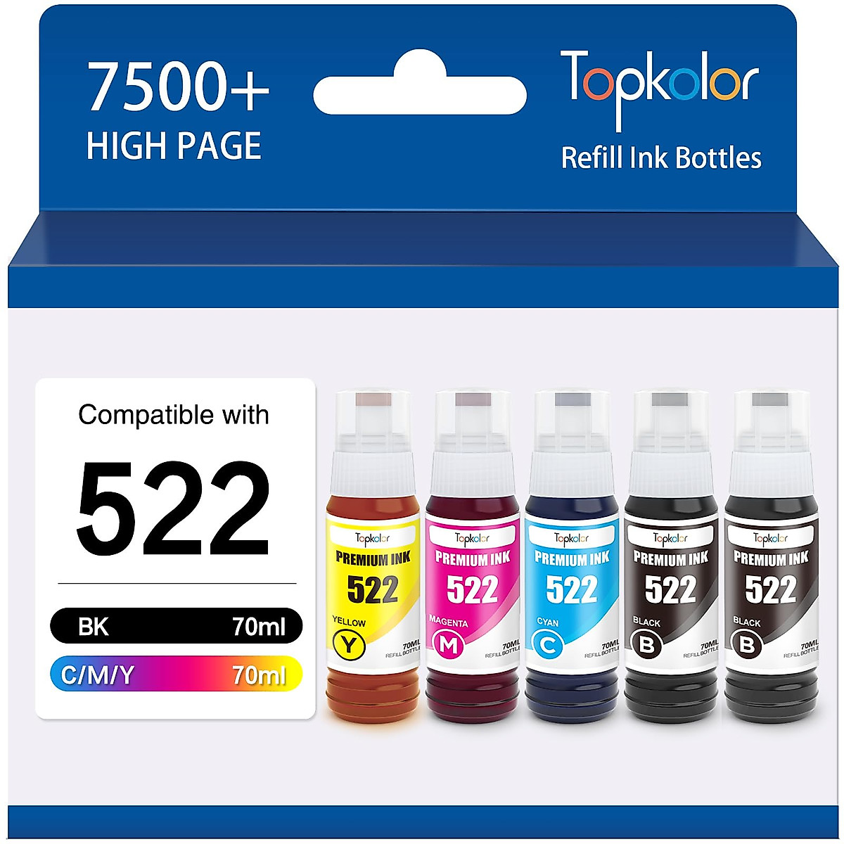 Topkolor Compatible Ink Bottle for 522 T522 Refill Ink for ET-2720 ET-2800 ET-2803 ET-2710 ET-4700 ET-4800 ET-1110, 4-Pack