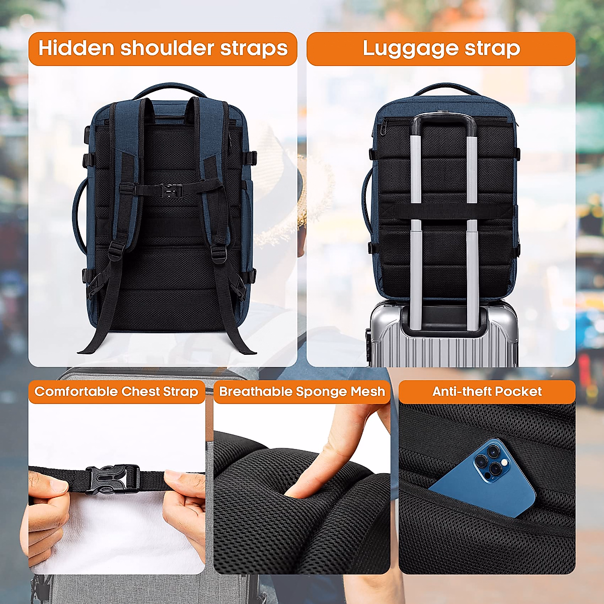 POWAITER Large Travel Backpack for Women Men Fits 17 Inch Laptop, Airline Approved Carry On Backpack with 4 Packing Cubes-Navy