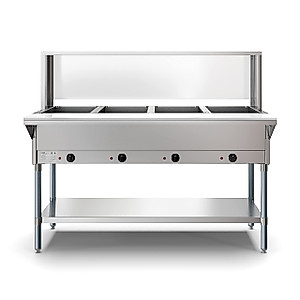 KoolMore 4-Pan Open Well Commercial Electric Stainless Steel Steam Table Food Warmer for Buffets with Sneeze Guard, Overshelf, Undershelf, Warming Control Knobs [120V] (KM-OWS-4SG), Silver