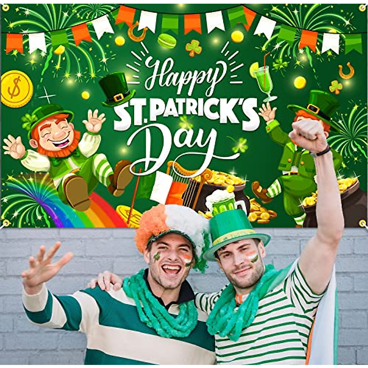 JKQ Happy St. Patrick's Day Backdrop Banner 71 x 43 Inch Large Size Saint Patrick's Day Background Banner Shamrock St. Patty's Day Party Decorations Irish Lucky Day Indoor Outdoor Photo Booth Props