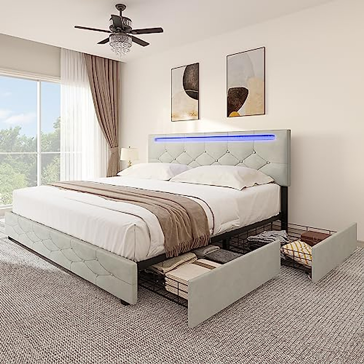 YITAHOME Bed Frame Queen Size, Led Bed Frame with 4 Storage Drawers, Adjustable Upholstered Headboard Platform Bed with Wooden Slats Support, No Box Spring Needed, Grey