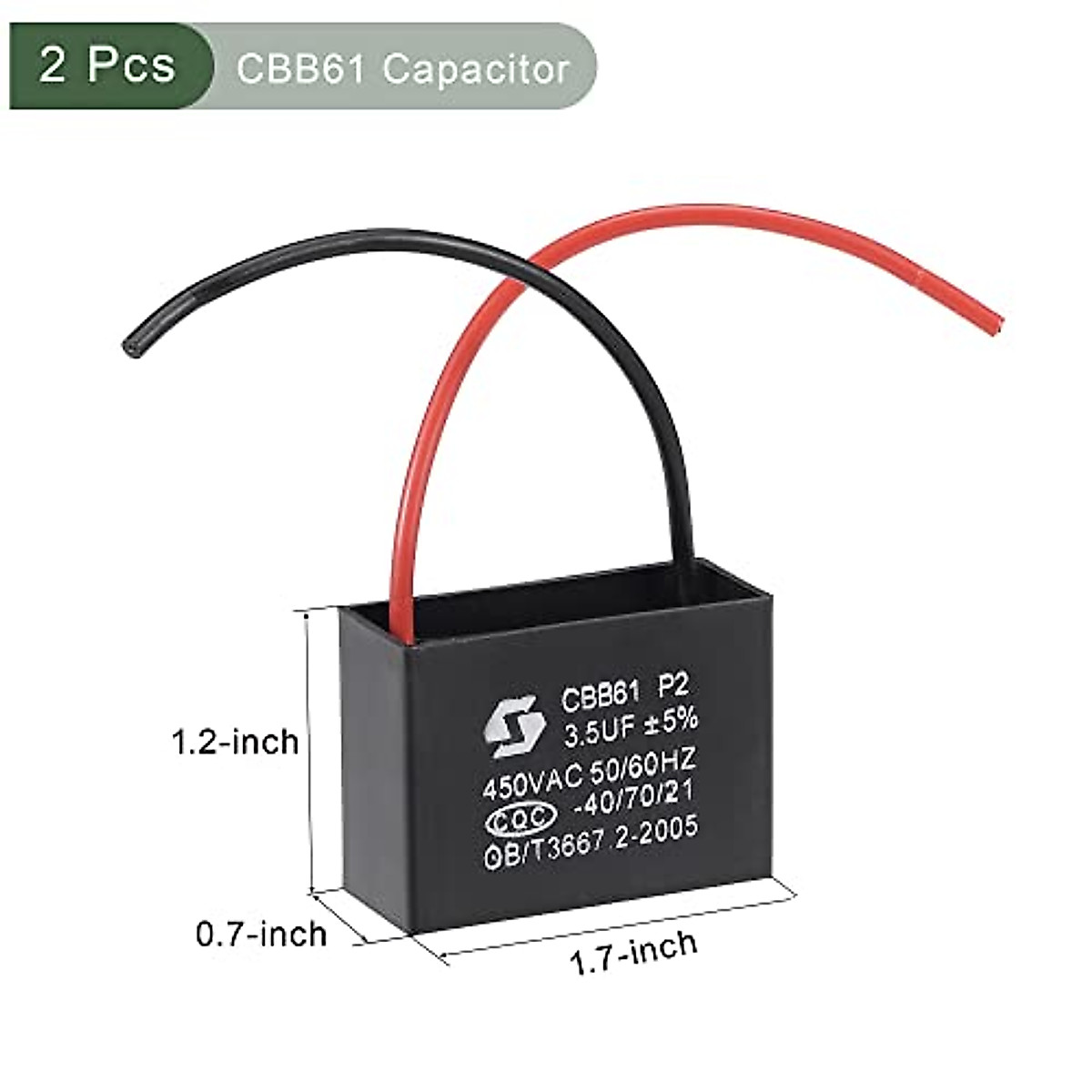 YOKIVE 2Pcs Ceiling Fan Capacitor CBB61, Metallized Polypropylene Film Capacitor Great for Fans Pumps Motors Running (3.5uF 450V AC 2 Wires 50/60Hz)