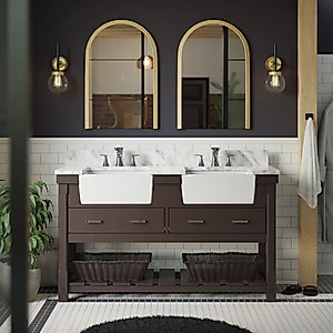Charlotte 60-inch Double Farmhouse Bathroom Vanity (Carrara/Chocolate): Includes Chocolate Cabinet with Authentic Italian Carrara Marble Countertop and White Ceramic Apron Sinks