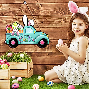Jetec Happy Easter Hanging Sign Truck Bunny Welcome Wooden Door Sign Truck Hanging Plaque Rustic Wall Sign Yard Indoor Outdoor Garden Decoration with Rope, 13.4 x 10 Inch