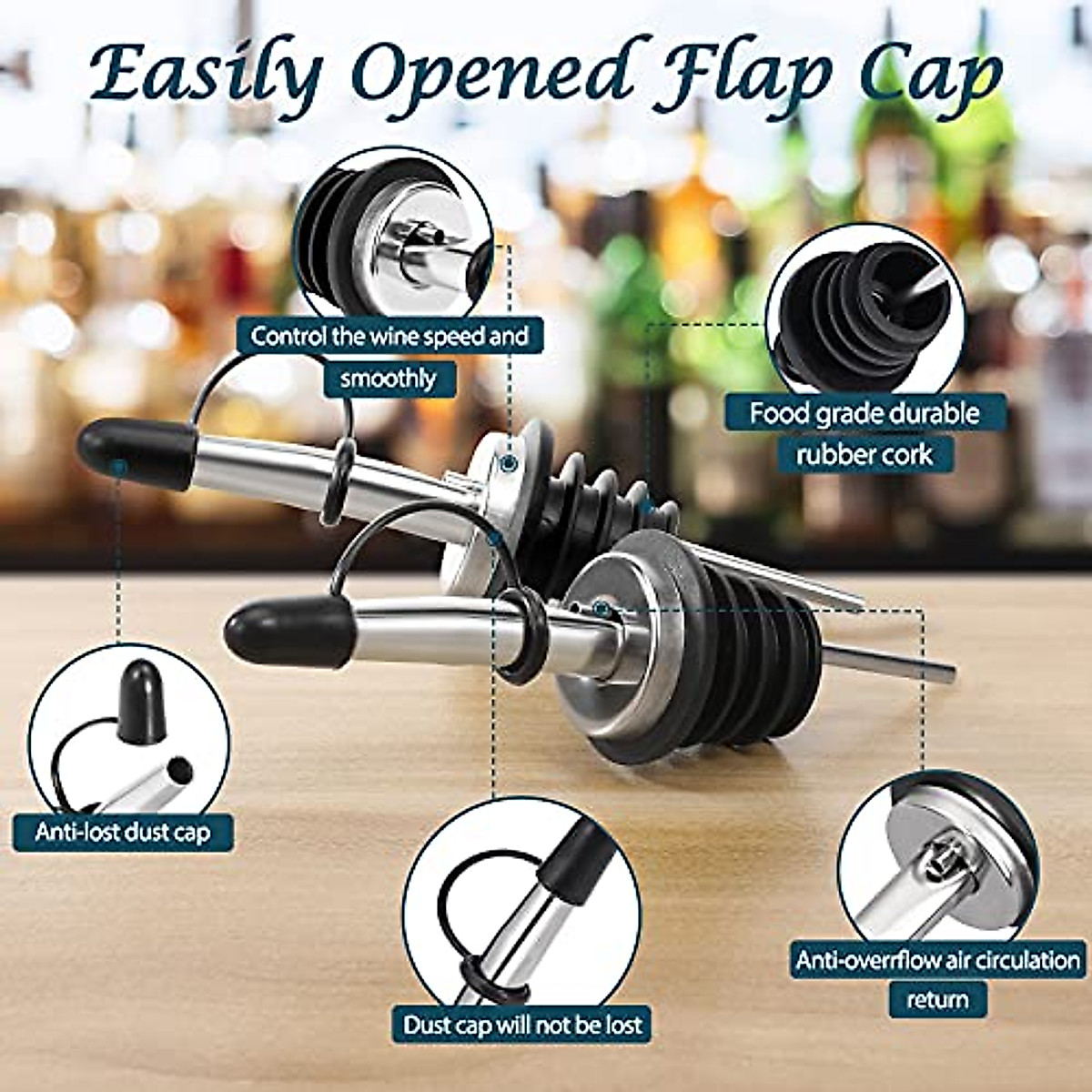 Aozita Bottle Pourers 12 Pack, Stainless Steel Liquor Pourers with Rubber Dust Caps - Classic Bottle Pourers Tapered Spout, Ribs Flex to Fit Different Liquor Bottles About 3/4" Bottle Mouth