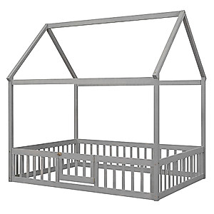Harper & Bright Designs Grey House Bed Full Floor Bed with Fence Railings, Kids Wooden Full Size Montessori Bed Frame with Small Door for Kids, Fun Playhouse Beds, Full Size Bed Frame for Girls Boys