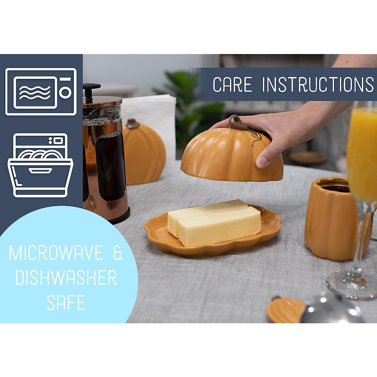 Nat & Jules Pumpkin Shaped 8 x 6 Inch Ceramic Scalloped Covered Lid Butter Dish: Perfect for decorating table settings for Thanksgiving, Halloween & Indoor Fall Décor, Orange