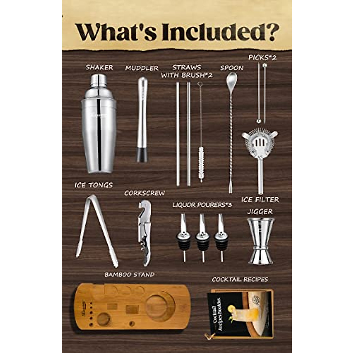 KITESSENSU Cocktail Shaker Set Bartender Kit with Stand | Bar Set Drink Mixer Set with All Essential Bar Accessory Tools: Martini Shaker, Jigger, Strainer, Mixer Spoon, Muddler, Liquor Pourers |Silver