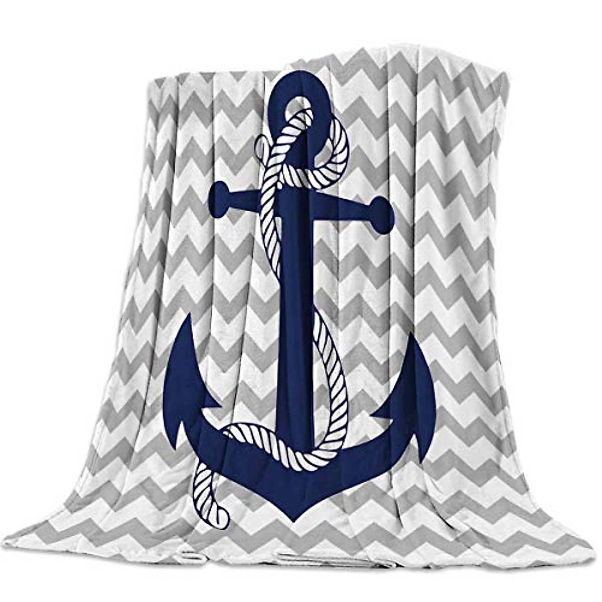 Flannel Fleece Luxury Lightweight Cozy Couch/Bed Super Soft Warm Plush Microfiber Throw Blanket,Nautical Navy Anchor with Gray and White Chevron (50 x 80 Inches)