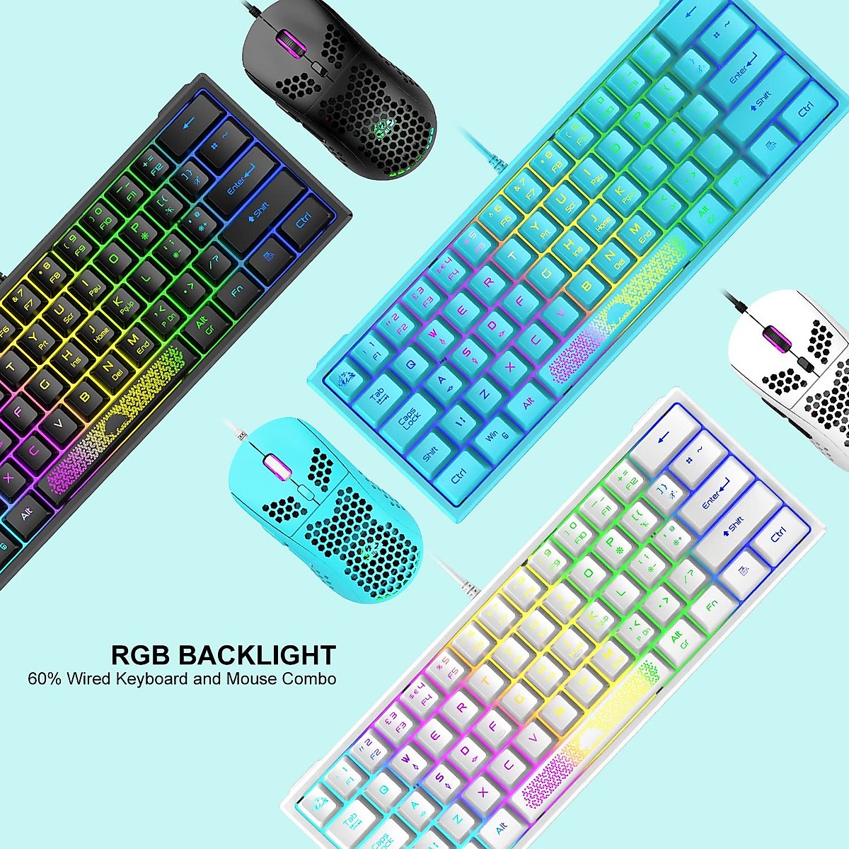 60% Gaming Keyboard and Mouse Combo Duble Color Keycaps Samll RGB Backlight Mechanical Feeling and Mechanical RGB 6400 DPI Honeycomb Optical Mouse,Gaming Mouse pad for Gamers and Typists