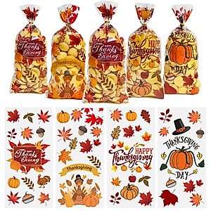 QOIUSO Thanksgiving Gift Bags Cellophane Bags: 50 Pcs Thanksgiving Treat Bags for Goodie Cookies Snacks and Gift Wrapping, Clear Candy Bags with Twist Ties Thanksgiving Party Favors Bags - 4 Style