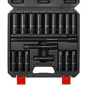 CASOMAN 18PCS 1/2" Drive Impact Socket Set, Deep, Cr-V Steel, Metric, 10mm-24mm, Includes Extension Bars:3-inch, 5-inch, 10-inch