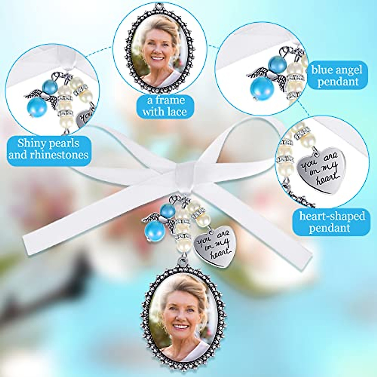 Wedding Bouquet Charm Bouquet Charms for Wedding Memory Bridal Lacy Oval Bridal Charm Bride Angel Charm Memorial Photo Charm You Are Always in My Heart Charm for Bridal Party (Single Pendant Style)