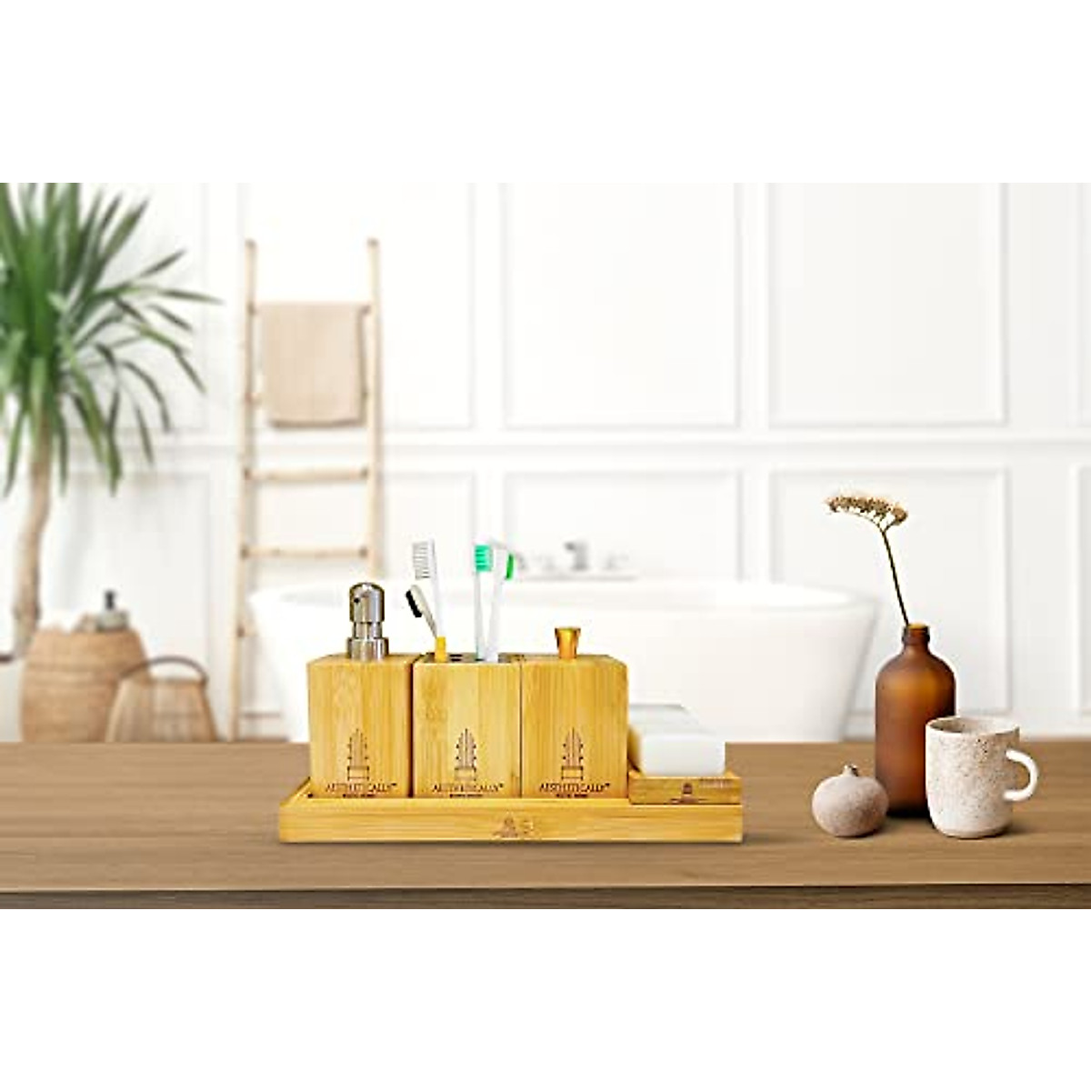 AESTHETICALLY RUSTIC HOME | 5 PC Bathroom Accessories Set Natural Bamboo | Includes Handwash Dispenser Toothbrush Holder Cotton Swab Box Bar Soap Holder & Holding Tray