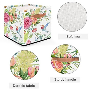 13x13x13 Storage Cube Bins Pink Blue Floral Bird Storage Cubes 13 inch Collapsible Storage Bins Cubby Storage Baskets for Organizing Shelf Cabinet Bookcase Boxes