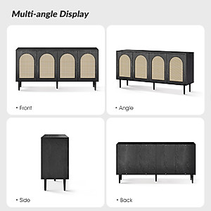 HULALA HOME 63" Wide Sideboard, Modern Sideboard Buffet Storage Cabinet with 4 Doors & 2 Adjustable Shelves, Kitchen Storage Buffet Cabinet Rattan Design, for Hallway, Entryway [Black]