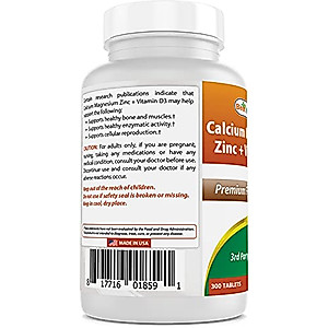Best Naturals Calcium Magnesium Zinc with Vitamin D3, 300 Tablets - Calcium 1000 mg, Magnesium 400 mg, Zinc 25 mg & D3 600 IU per Serving (3 Tablets)
