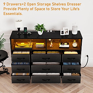 eiskah Black Dresser for Bedroom, 9 Drawers Led Dresser TV Stand with Power Outlets and LED Lights, Long Fabric Dressers Wide Chest of Drawers with Large Organizer for Living Room, Entryway, Hallway