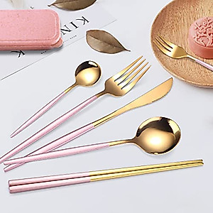 AARAINBOW 8 Pieces Stainless Steel Flatware Set Portable Reusable Cutlery Set Travel Utensils Set Including Chopsticks Knife Fork Spoon Straws Cleaning Brush Dishwasher Safe (Pink Golden)